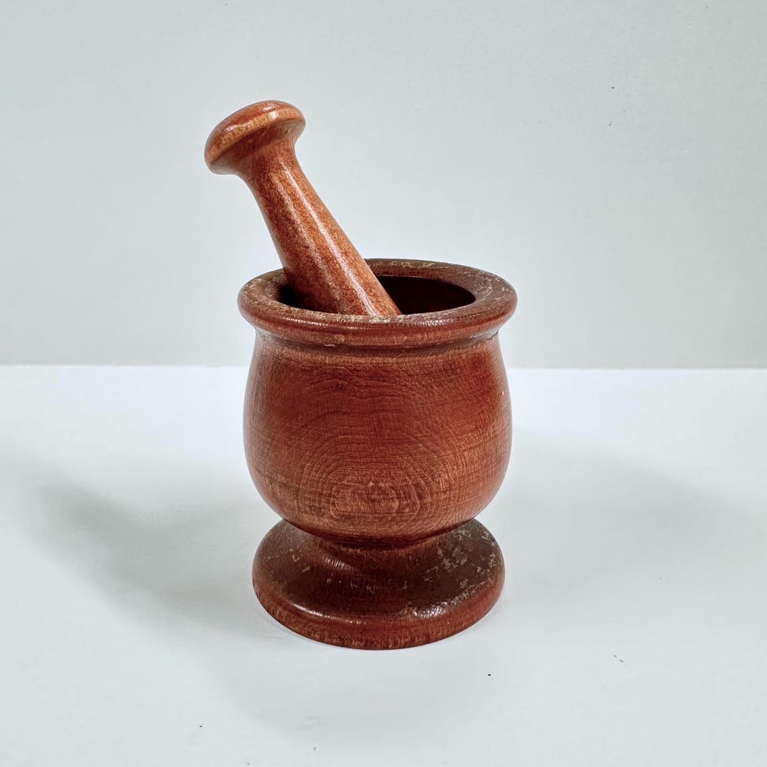 Vintage Wood Mortar Pestle, Pedestal Herb Spice Grinder, Solid Wood ...