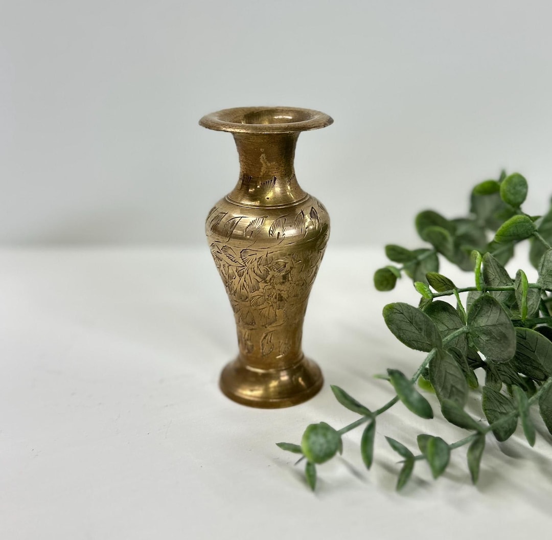 Vintage Etched Brass Vase With Footed Base, Tiny Brass Bud Vase, Signed ...