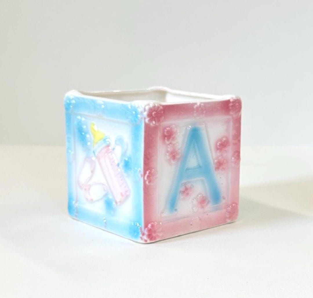 Vintage Baby Blocks Planter, Pink + Blue Ceramic Baby Nursery Decor ...