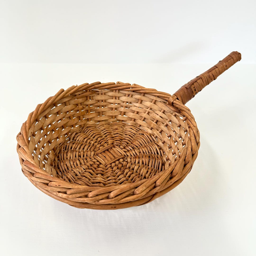 Vintage Wicker Round Scoop Basket With Long Pan Handle and Loop for ...