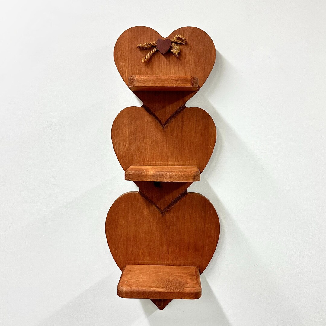 Vintage Wooden Heart Shaped Shelf, Wall Hanging 3 Tier Knick Knack ...