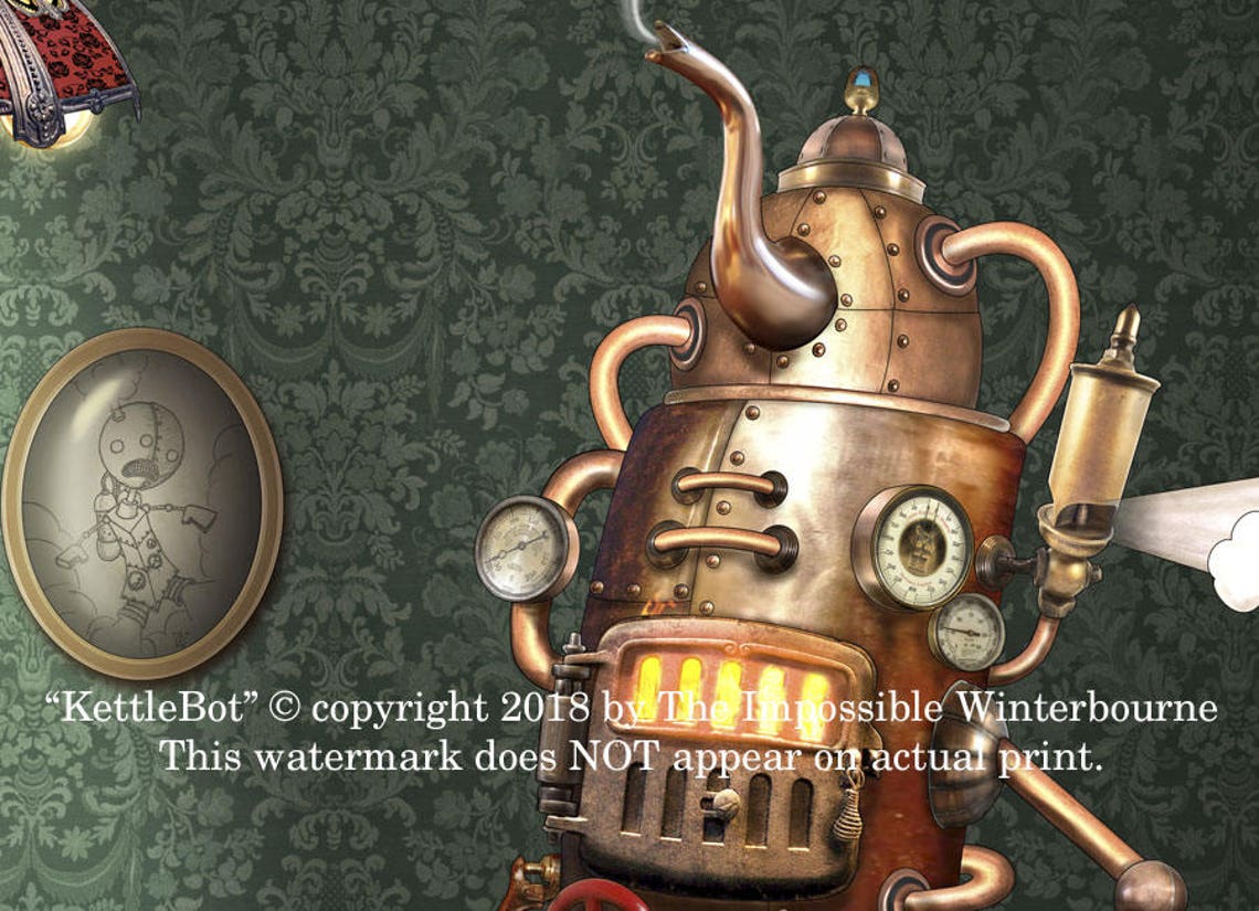 Steampunk robot limited edition art print with tea time | Etsy
