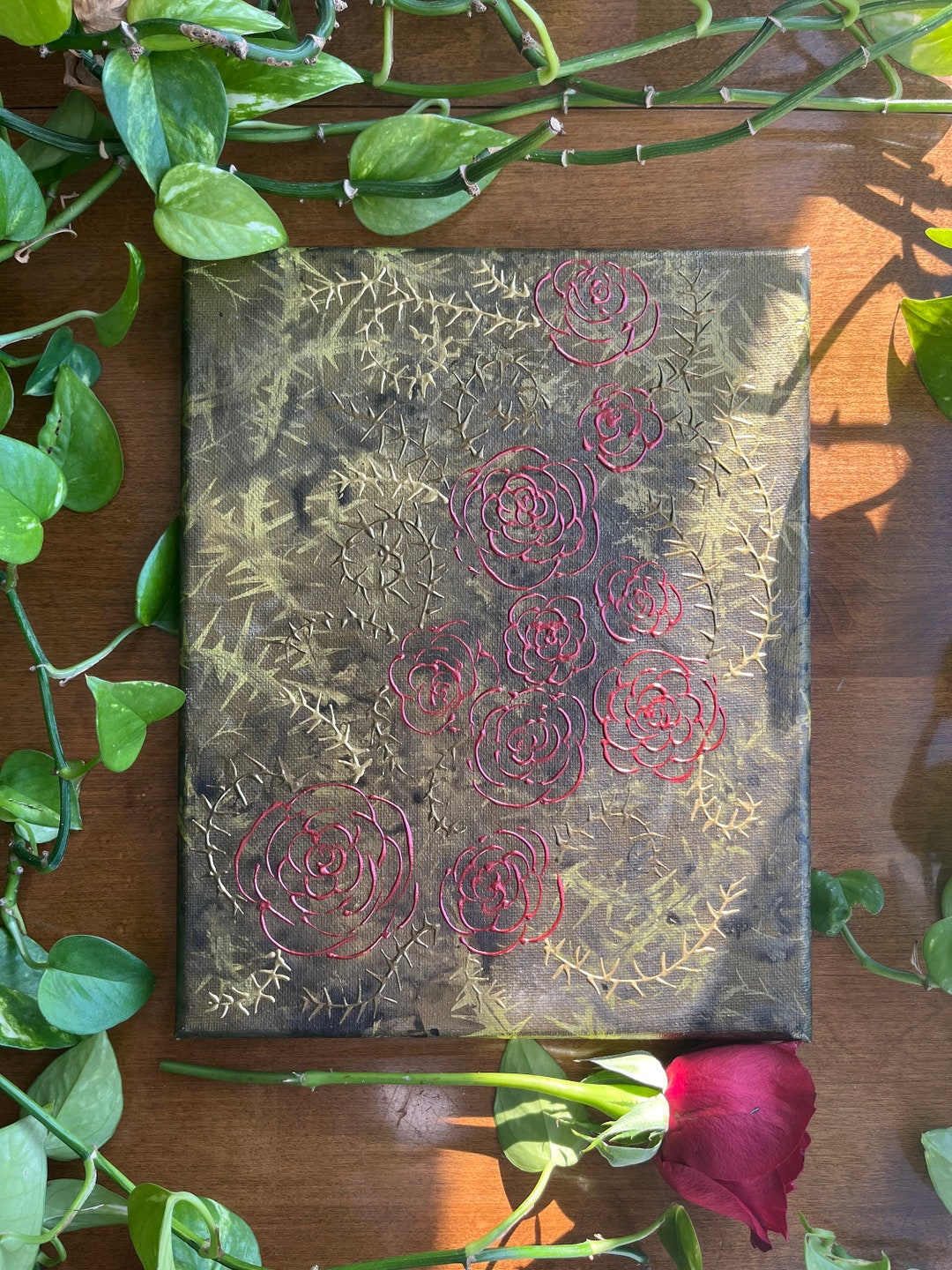 Rose & Thorn Original Artwork Painting on Canvas Gold Home Decor Unique ...