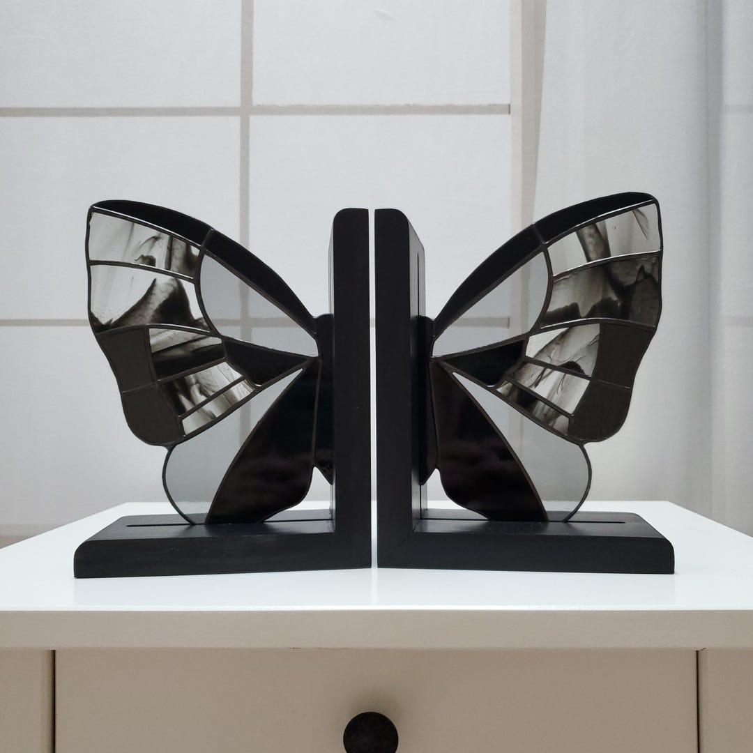Stained Glass Butterfly Bookends. Black Moth, Butterfly, Bookworm Gift, Book Lover, Housewarming ...