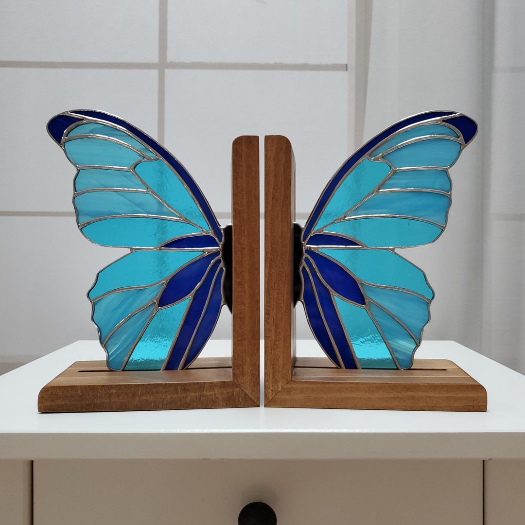 Stained Glass Butterfly Bookends. Blue Butterfly, Bookworm Gift, Book Lover, Housewarming ...