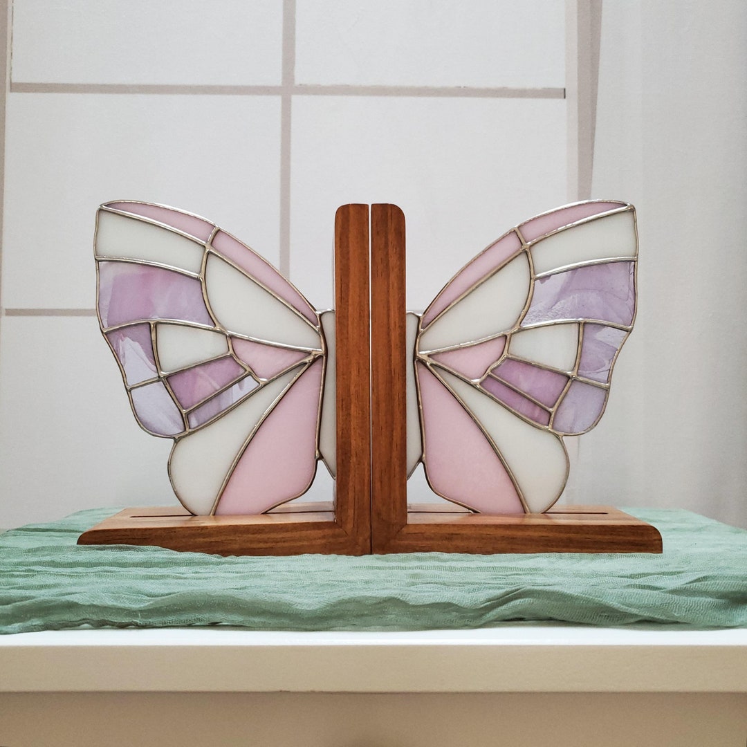 Stained Glass Butterfly Bookends. Pink Moth, Butterfly, Bookworm Gift ...