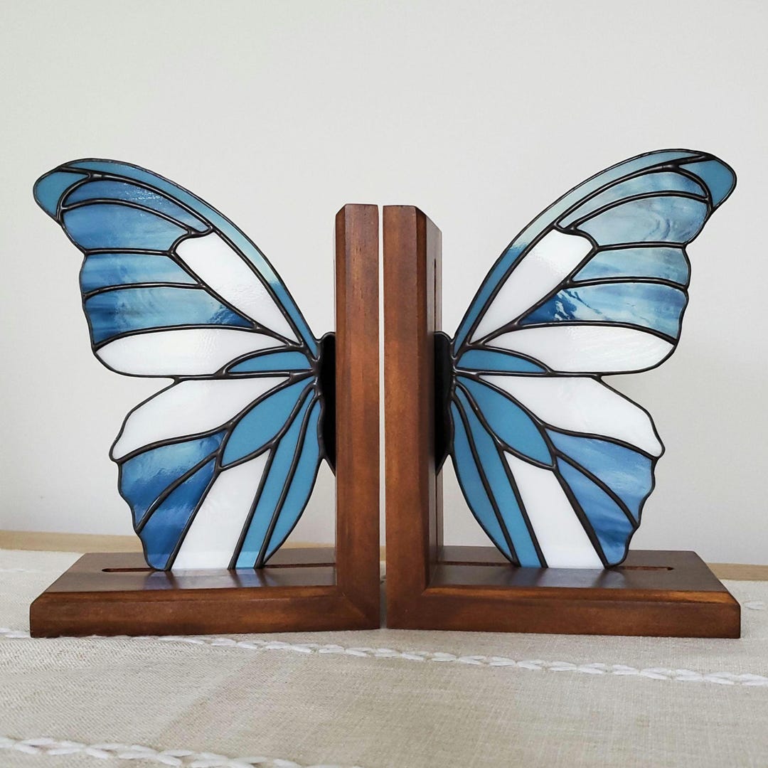 Stained Glass Butterfly Bookends. Blue Butterfly, Bookworm Gift, Book ...