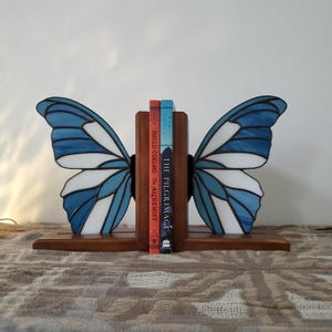 Stained Glass Butterfly Bookends. Blue Butterfly, Bookworm Gift, Book ...