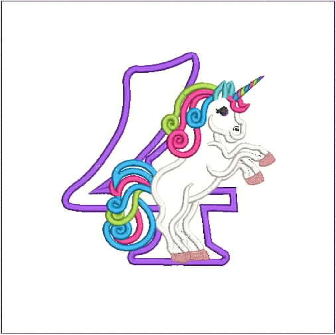 Unicorn 4th Birthday, Number 4 Birthday, Embroidery Design, Applique ...