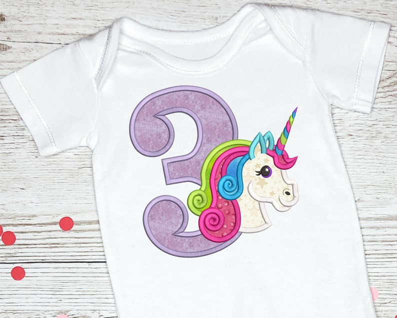 Cute Unicorn Head Number 3 Birthday Appliqué design 3rd | Etsy