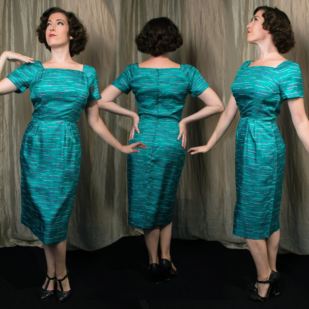 1960s W:27 Turquoise Silk Abstract Print of Cursive Words Squiggles ...