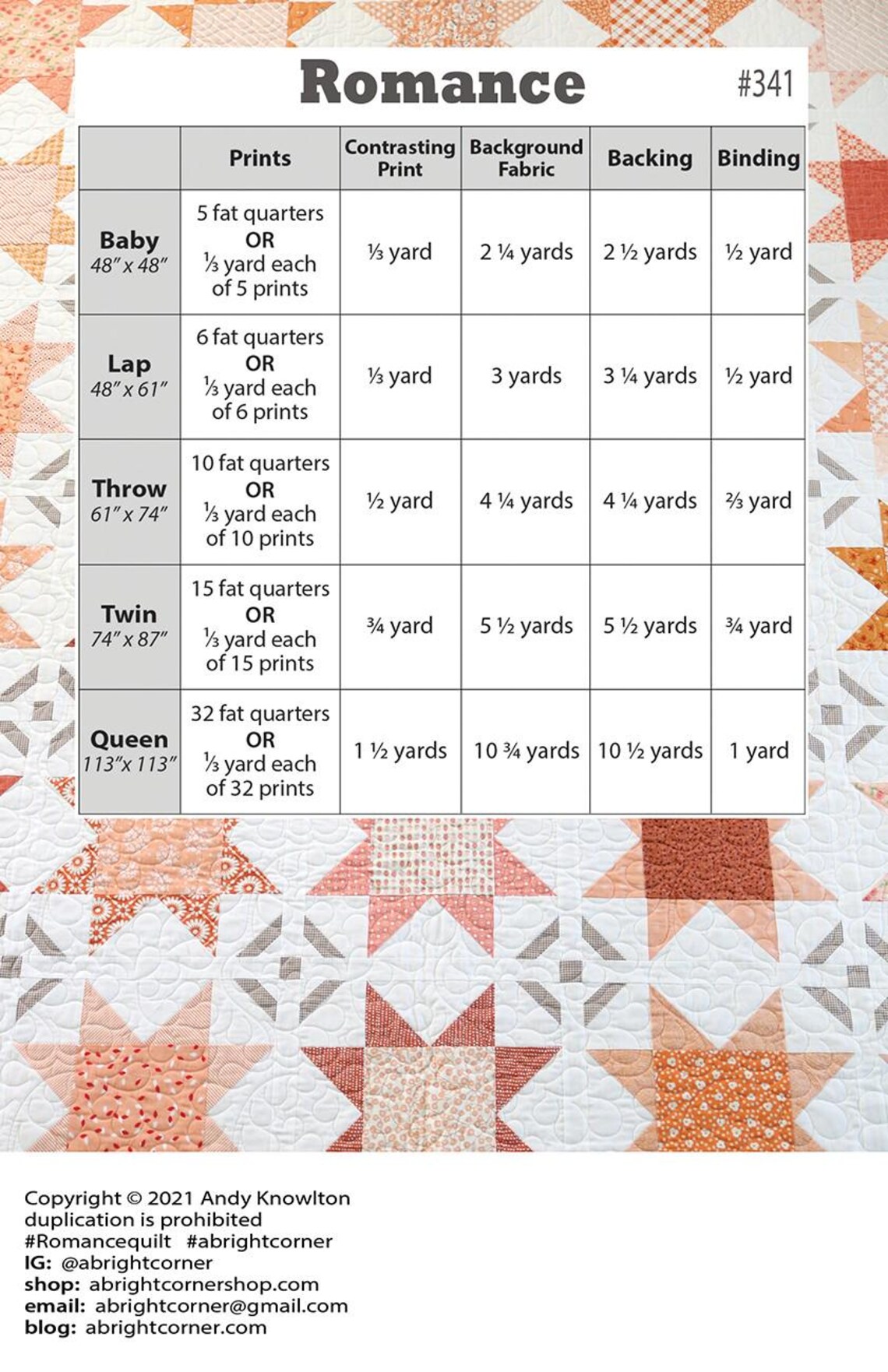 Romance Quilt Pattern AKBC341 Printed Pattern Only by A Bright Corner ...