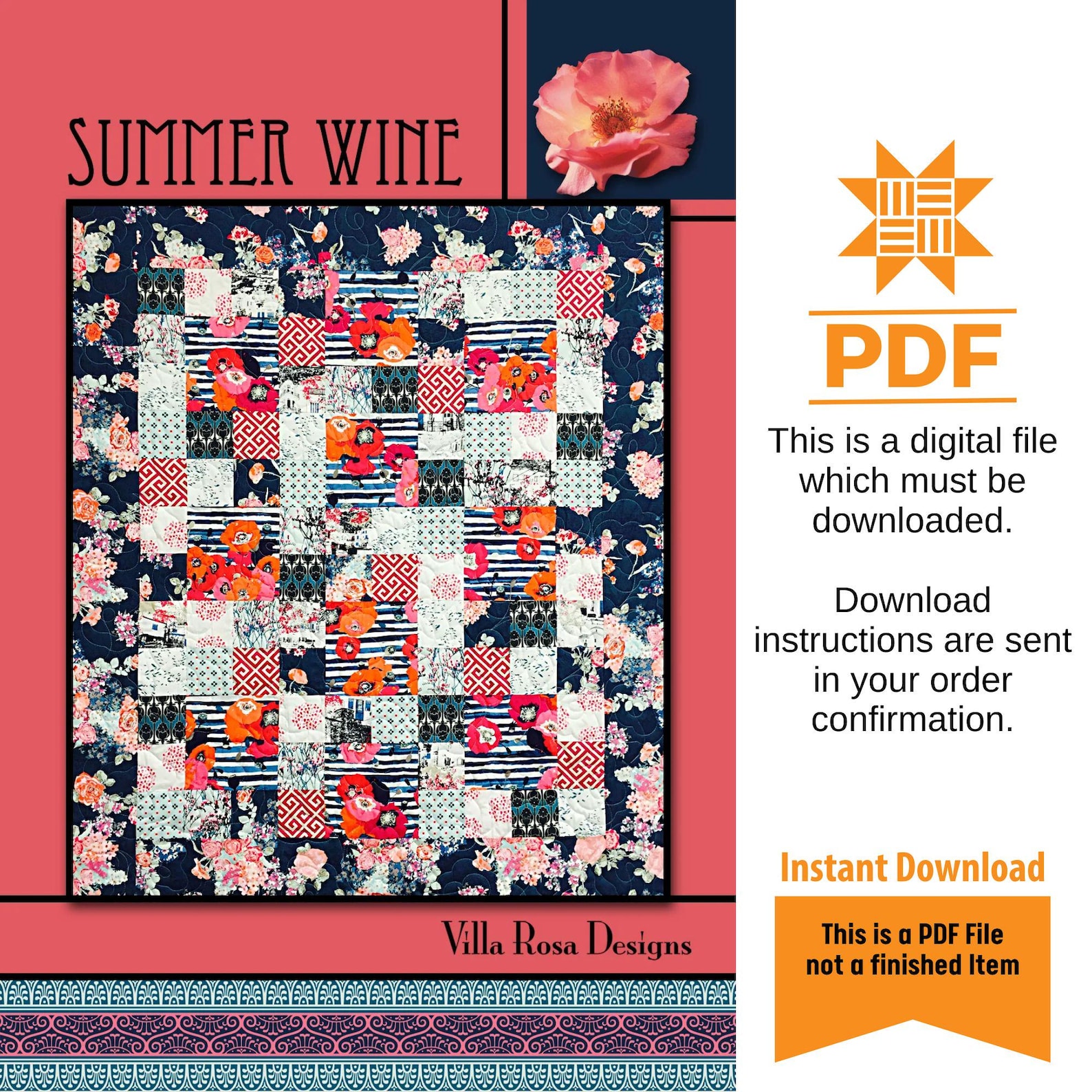 Summer Wine Quilt Pattern Only - INSTANT DIGITAL DOWNLOAD - by Villa ...
