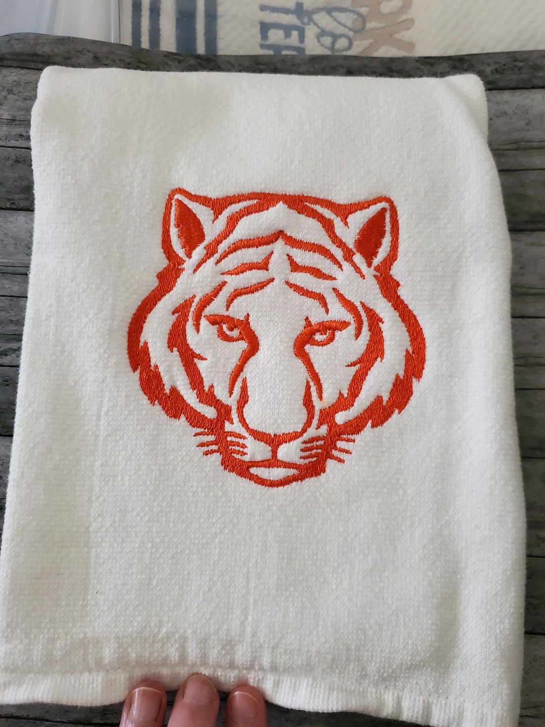 Handmade Embroidered Tiger Face Design Kitchen Towel Orange on Gray or ...