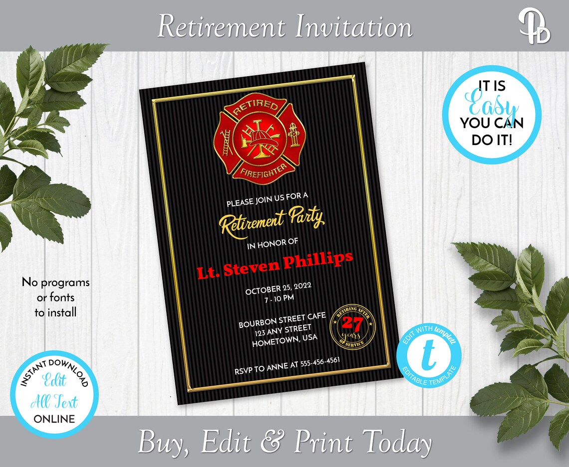 Firefighter Retirement Party Invitation, Retirement Celebration Invite ...