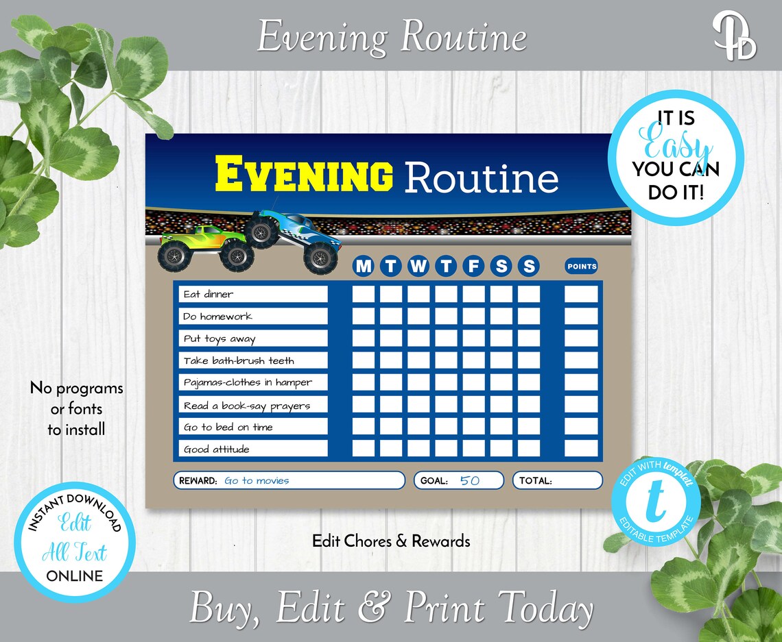 Monster Truck Children's Daily Routine Charts Morning - Etsy