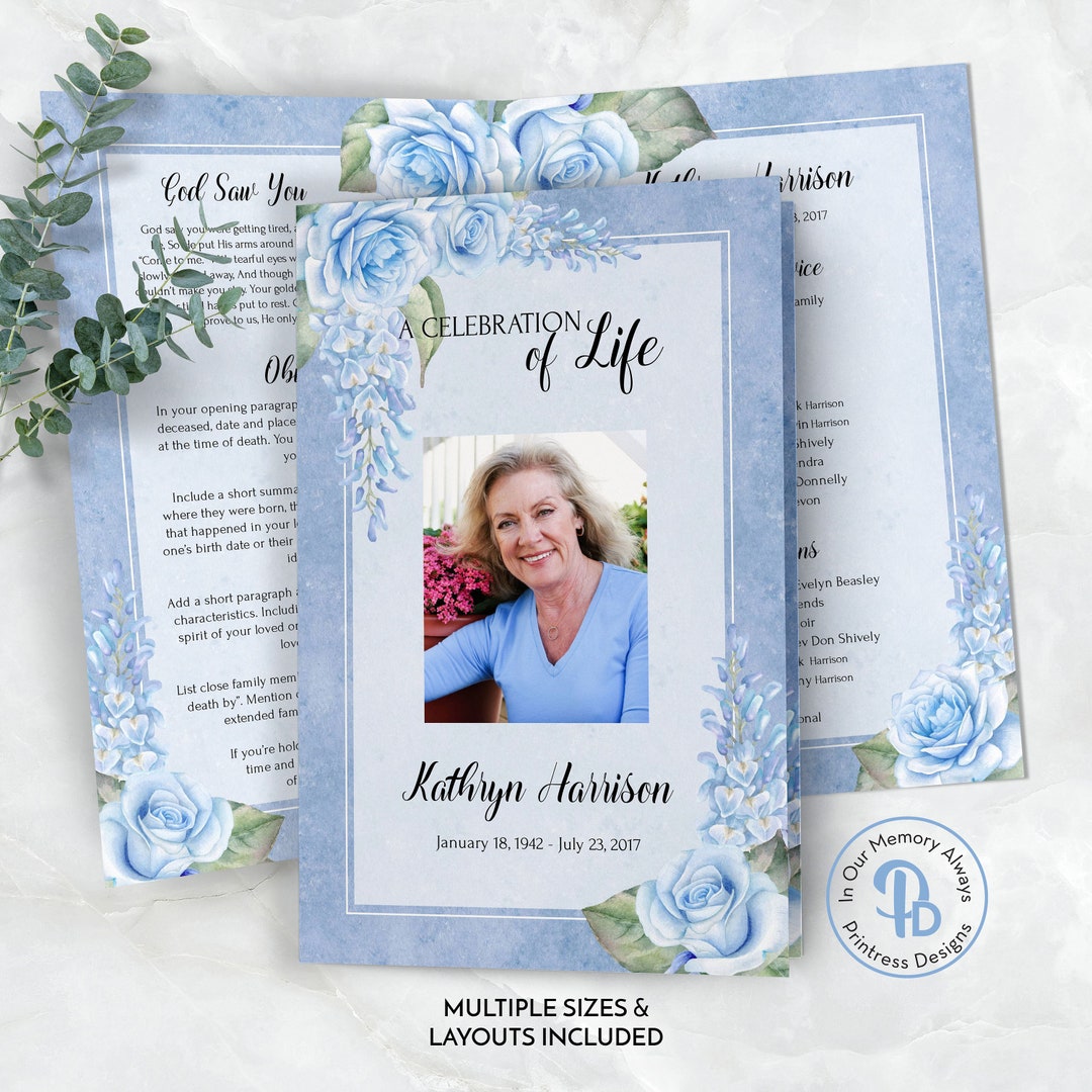 Blue Roses Funeral Program Template, Obituary/order of Service Template ...