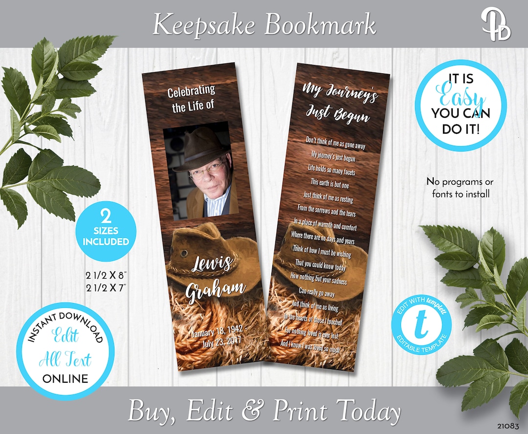 Cowboy Hat & Rope Funeral Keepsake Bookmark, Memorial Favor ...