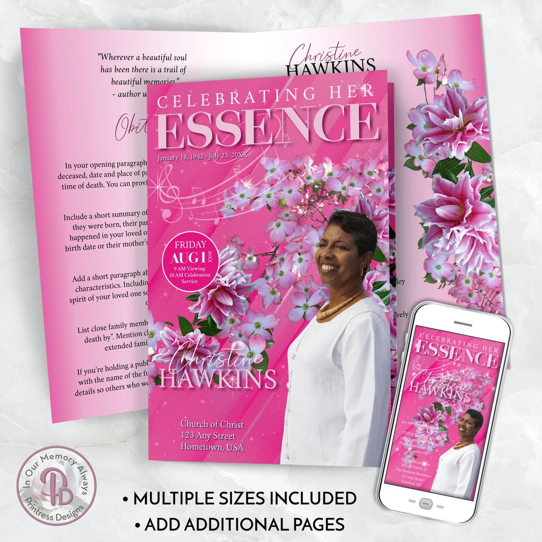 Pink Floral Funeral Program Template, Printable Magazine Memorial ...