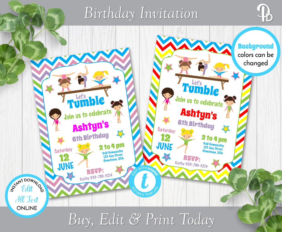 Let's Tumble Gymnastics Birthday Party Invitation Template, Girl's ...