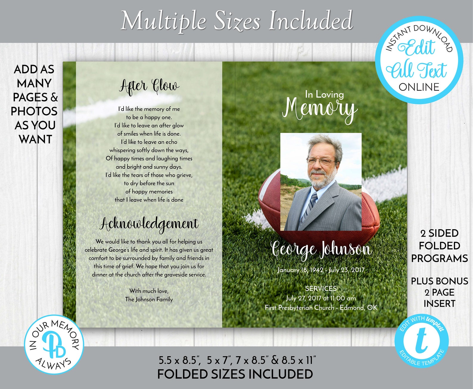 Football Fan Funeral Program Template, Obituary/order of Service ...