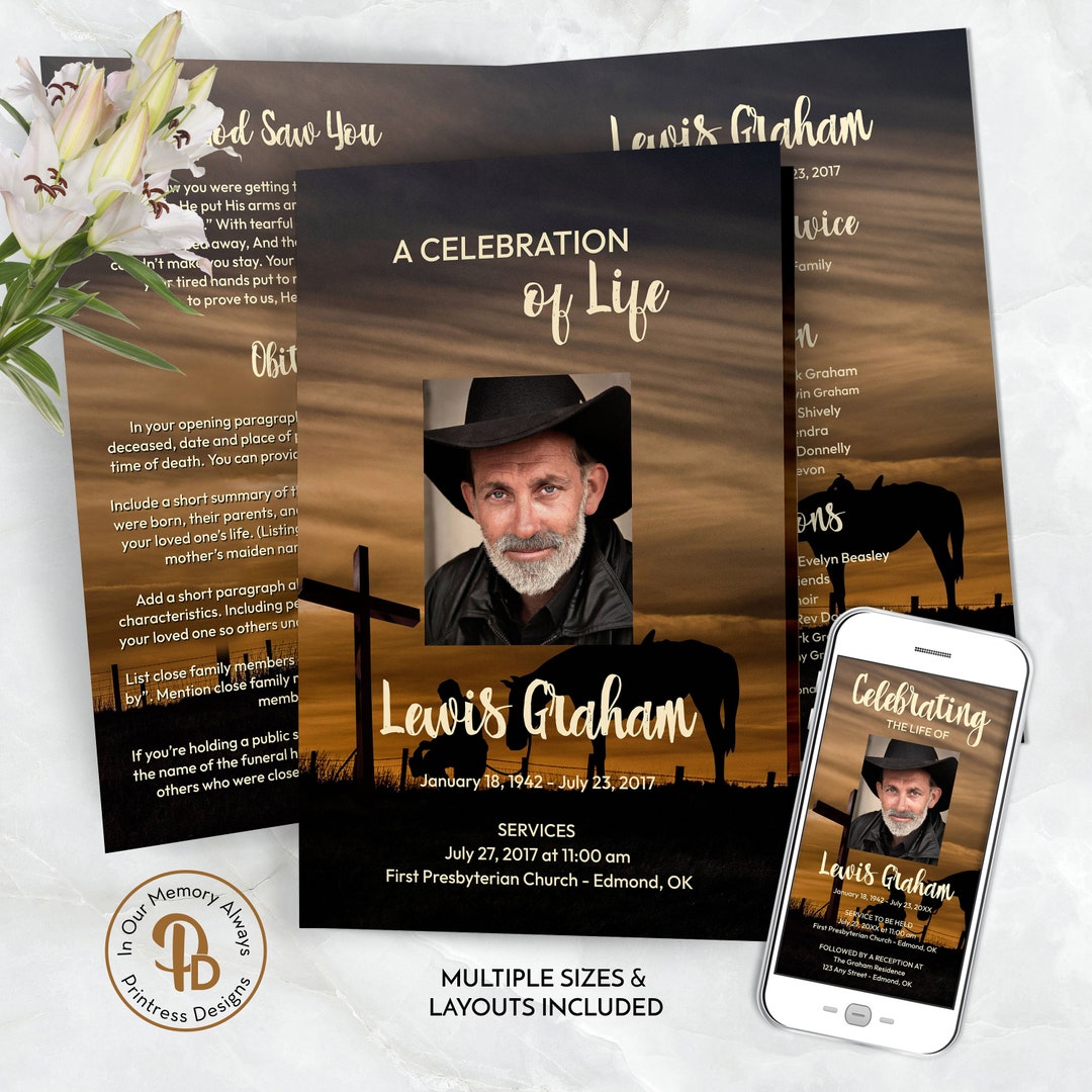 Cowboy Kneeling at a Cross Funeral Program, Obituary Template ...