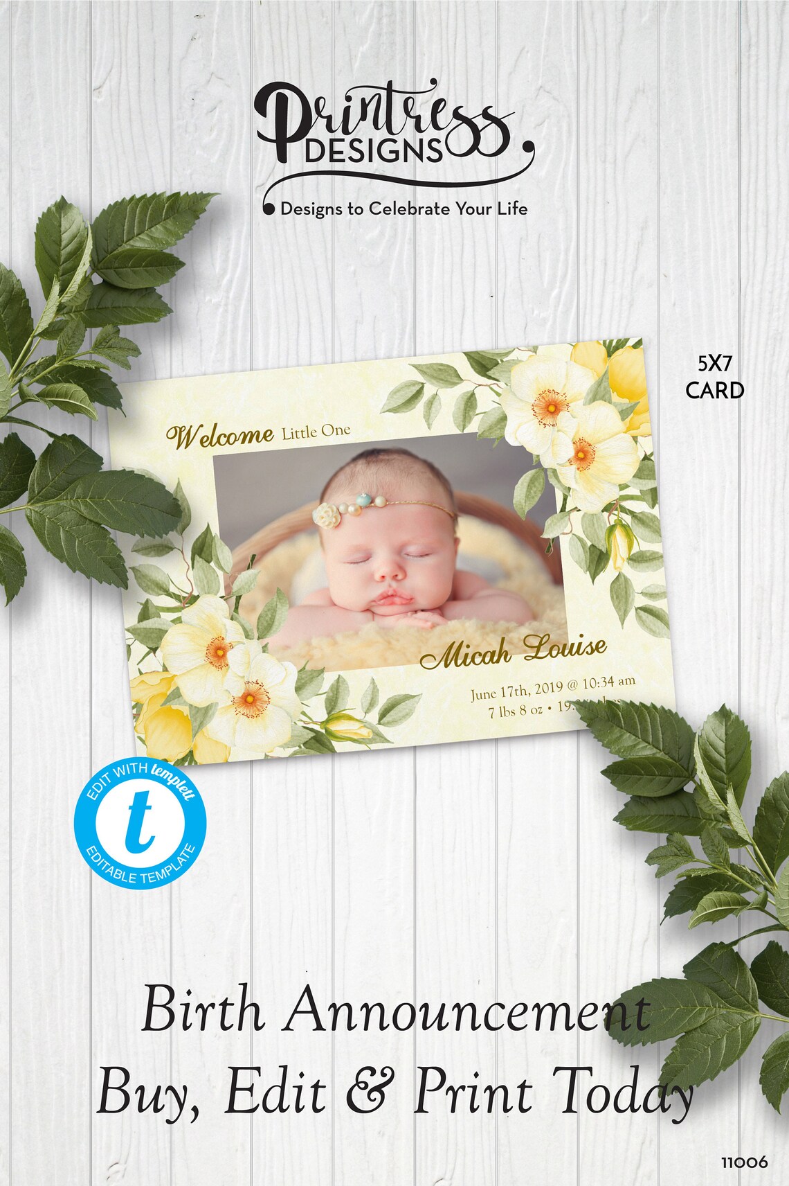 Welcome Yellow Floral Birth Announcement Newborn | Etsy