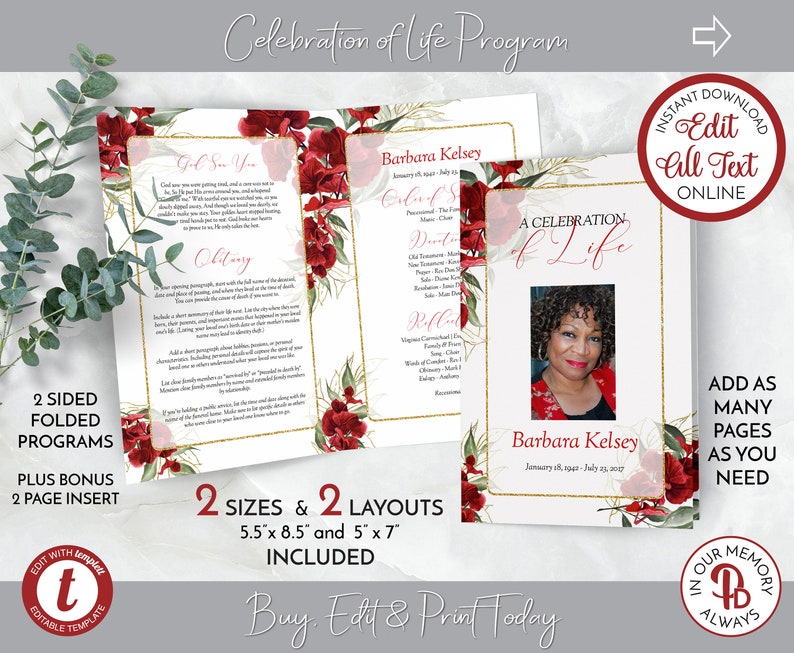 Red and Gold Floral Funeral Program Template Obituary/order | Etsy