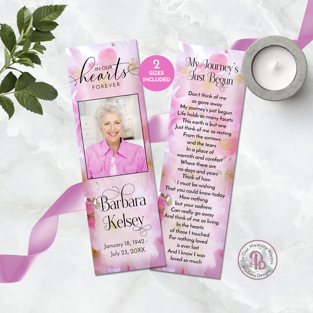 Pink Cherry Blossom Memorial Bookmark Template, Editable Photo Funeral ...