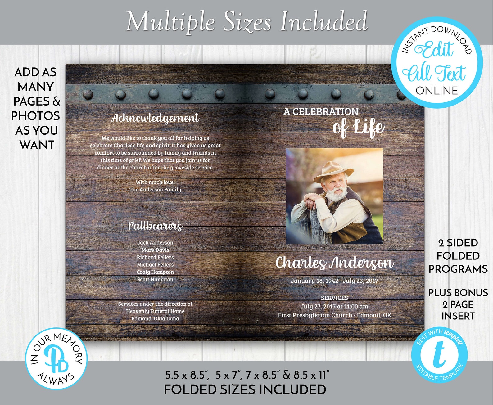 Rustic Wood Funeral Program Template Obituary/order of - Etsy