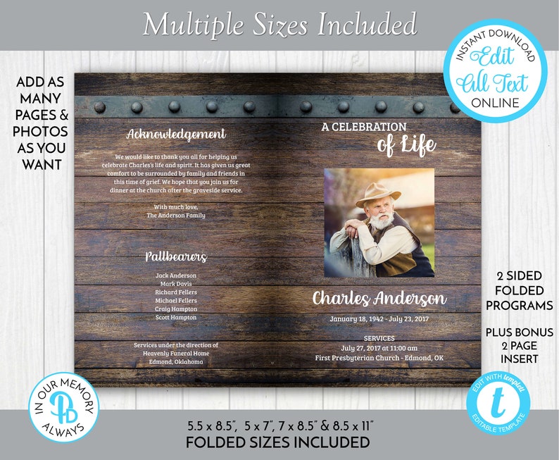 Rustic Wood Funeral Program Template Obituary/order of - Etsy