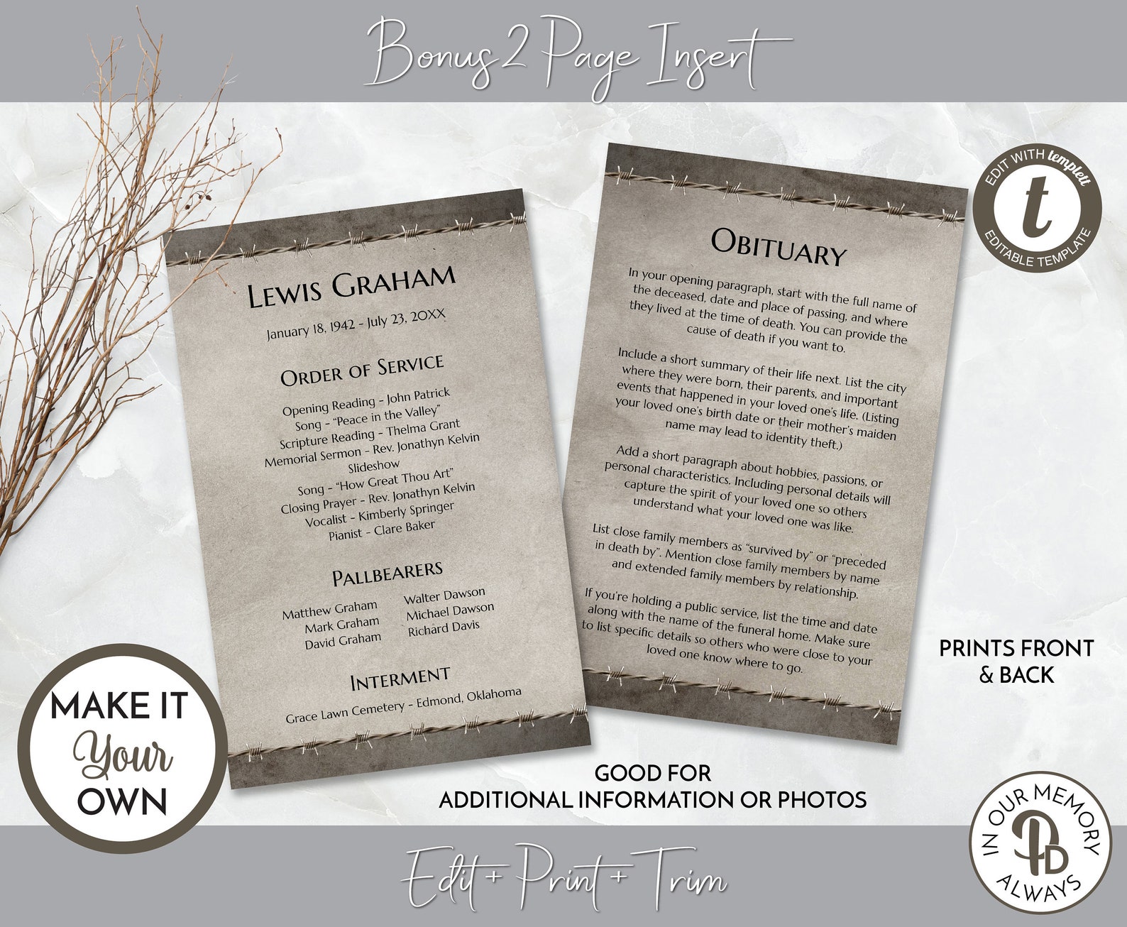 Rustic Brown Funeral Program Template, Obituary Template, Celebration ...
