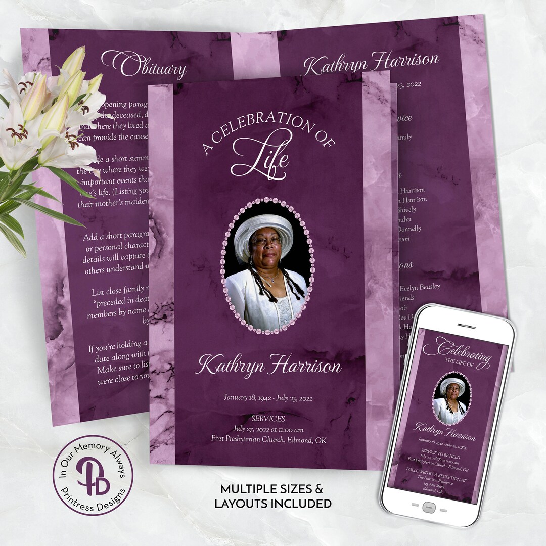 Dark Pink Marble Funeral Program, Obituary Template, Celebration of ...