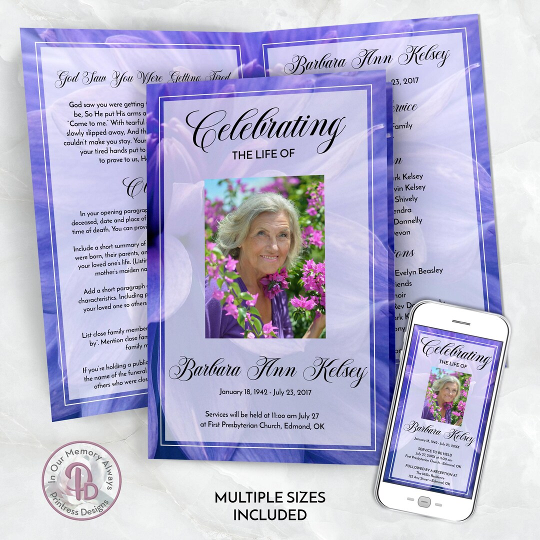 Purple Mum Funeral Program Template, Beautiful Floral Memorial Service ...