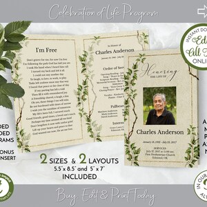 Vine and Twig Funeral Program Obituary Template Celebration of Life Program Printable Memorial ...