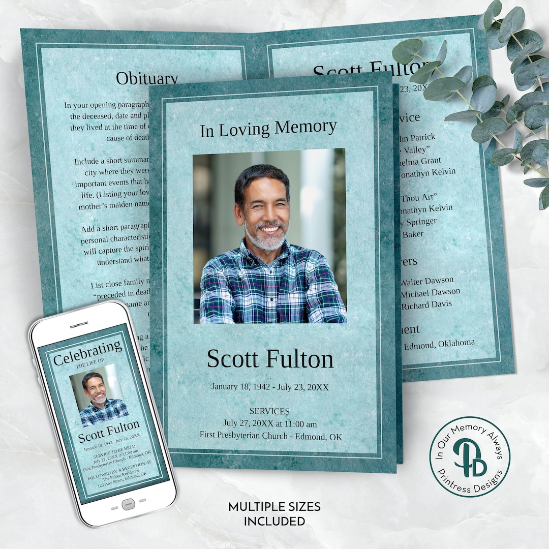 Teal Marble Funeral Program Template, Celebration of Life Memorial ...