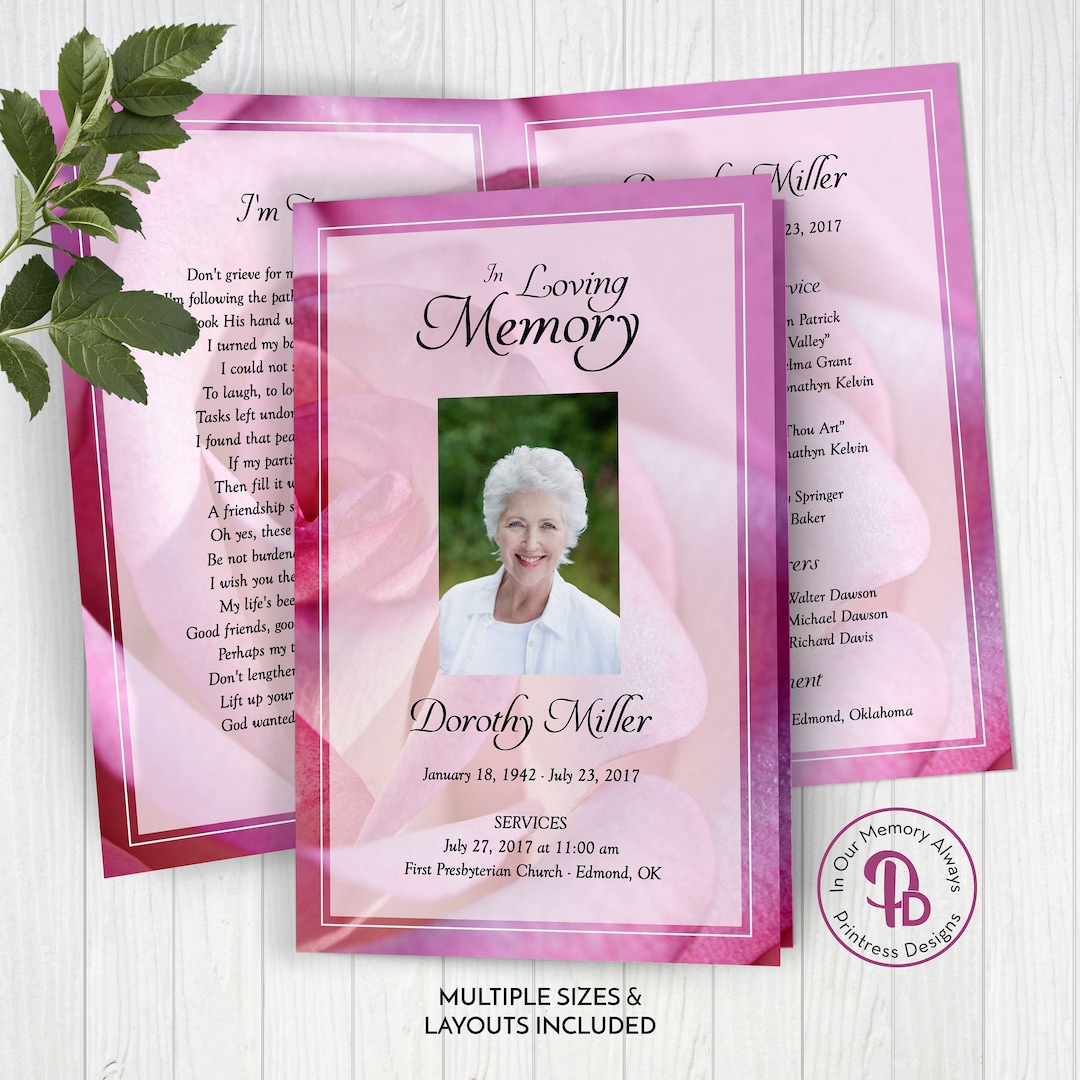 Pink Rose Funeral Program Template, Obituary/order of Service Template ...