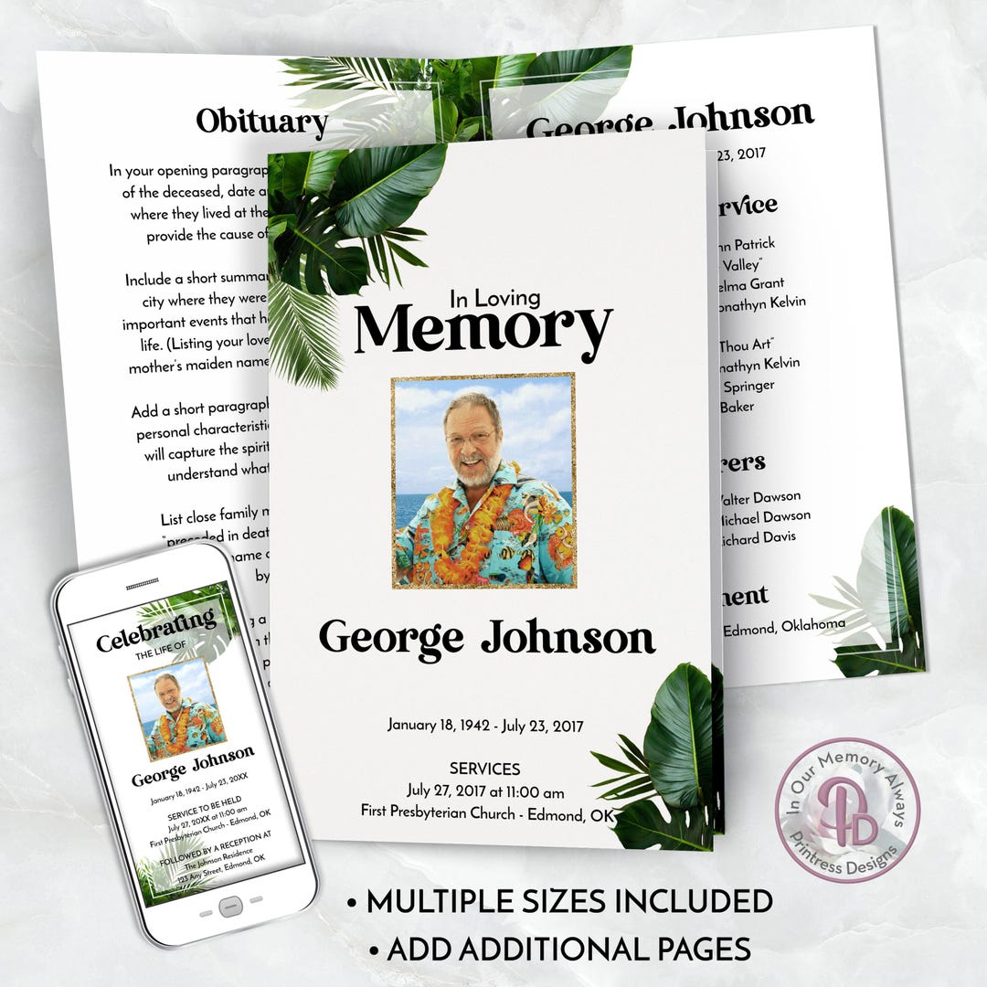 Tropical Foliage Funeral Program Template, Green Leaves Memorial ...