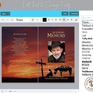 Cowboy Kneeling at Sunset Funeral Program, Obituary Template ...