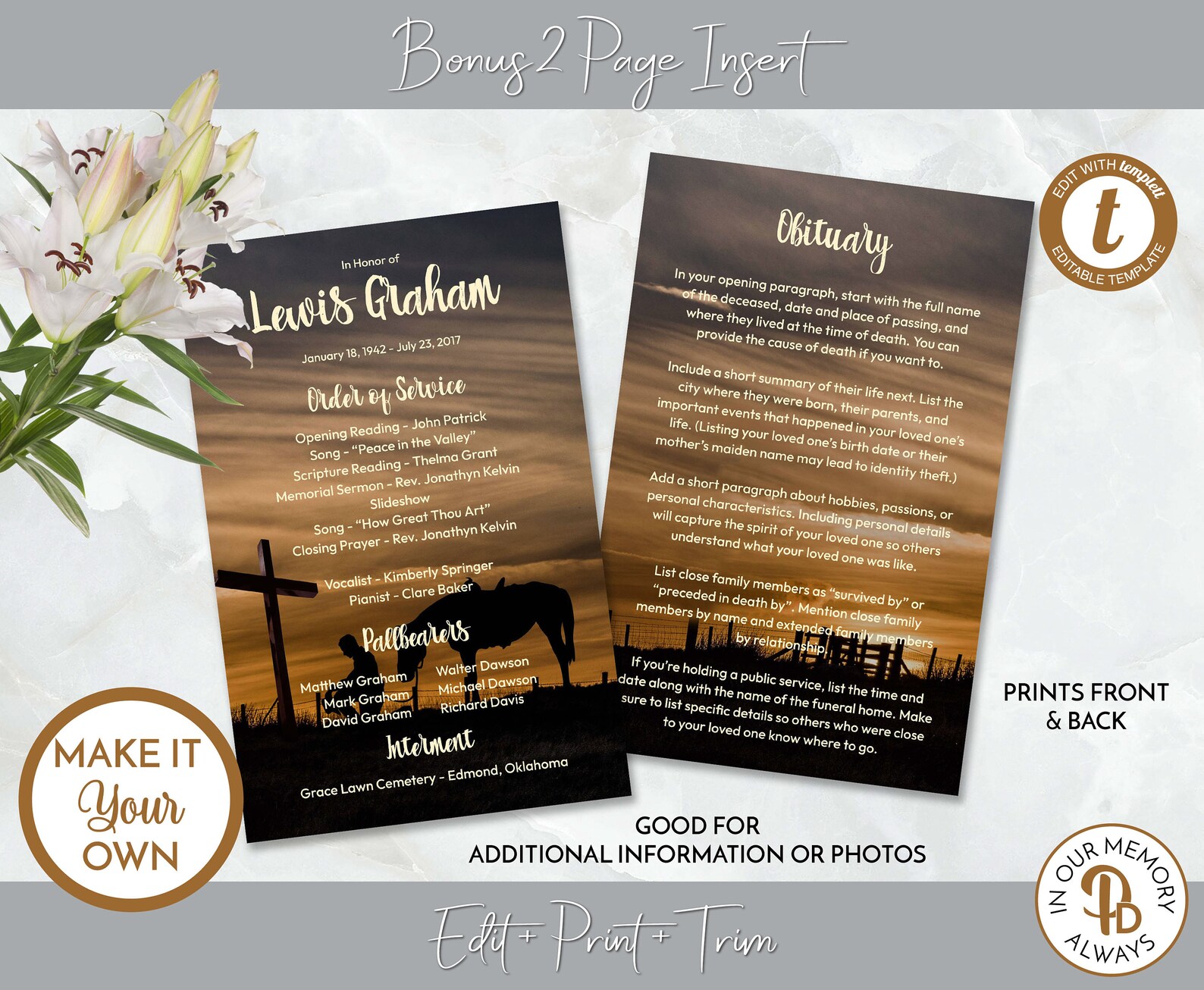 Cowboy Kneeling at a Cross Funeral Program, Obituary Template ...