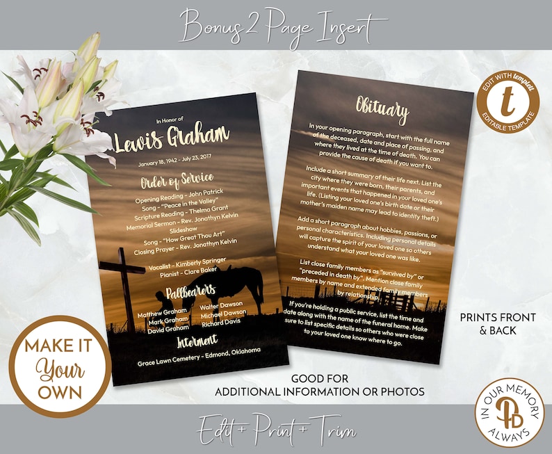 Cowboy Kneeling at a Cross Funeral Program, Obituary Template ...