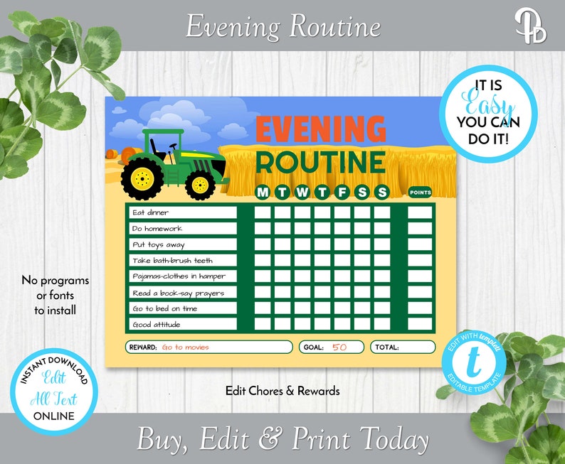 Tractor Children's Daily Routine Charts, Morning Routine Chart, Bedtime ...