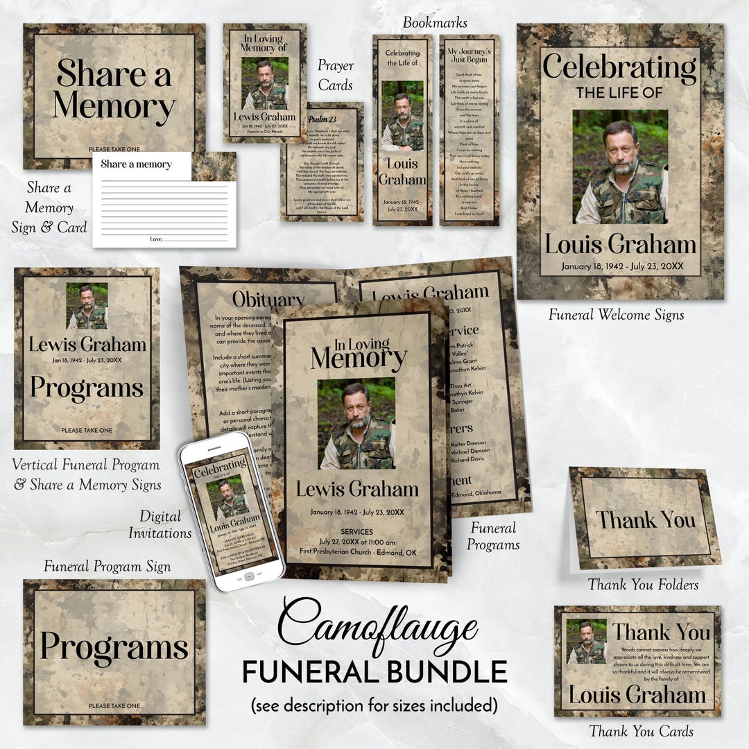 Camouflage Funeral Program Bundle, Obituary Template, Celebration of ...