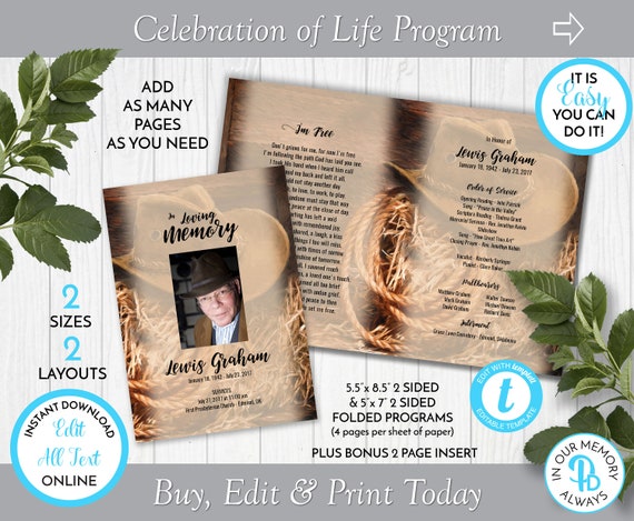 Cowboy Hat & Rope Funeral Program Template Obituary/order of - Etsy