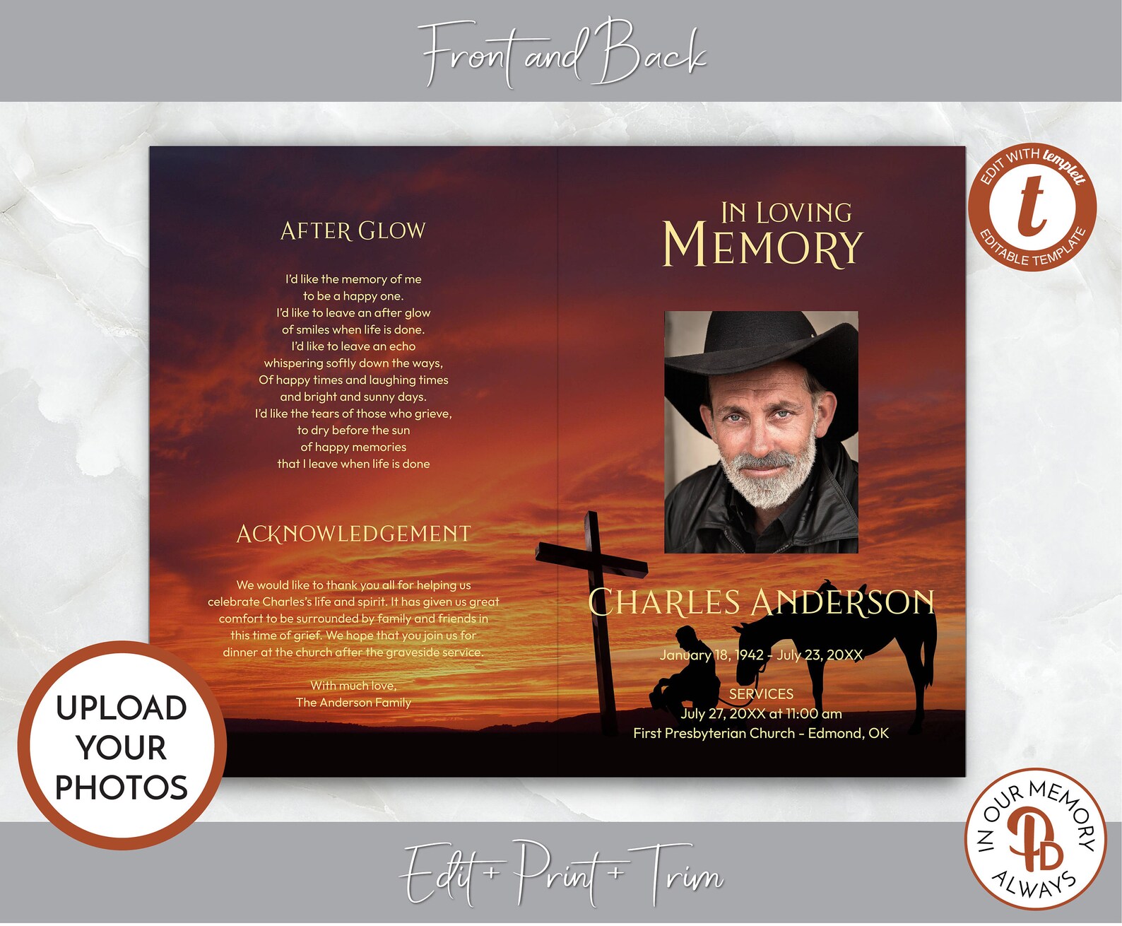 Cowboy Kneeling at Sunset Funeral Program Obituary Template - Etsy