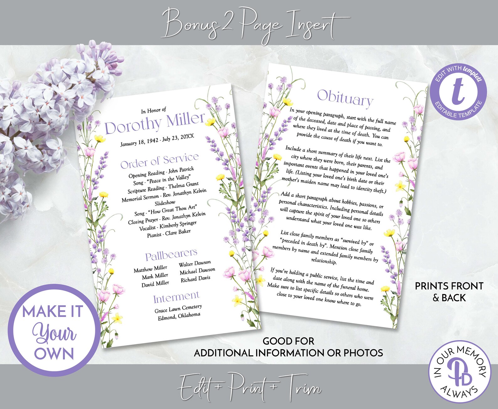Spring Wildflowers Funeral Program Obituary Template - Etsy