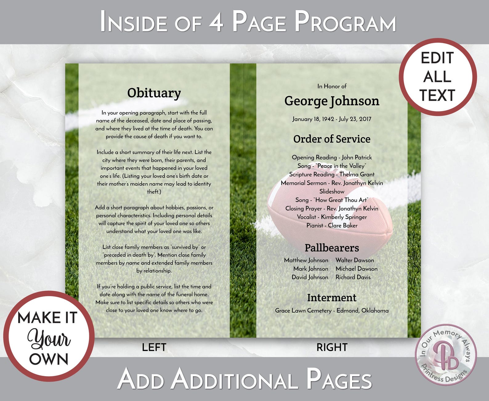 Football Fan Funeral Program Template, Obituary/order of Service ...