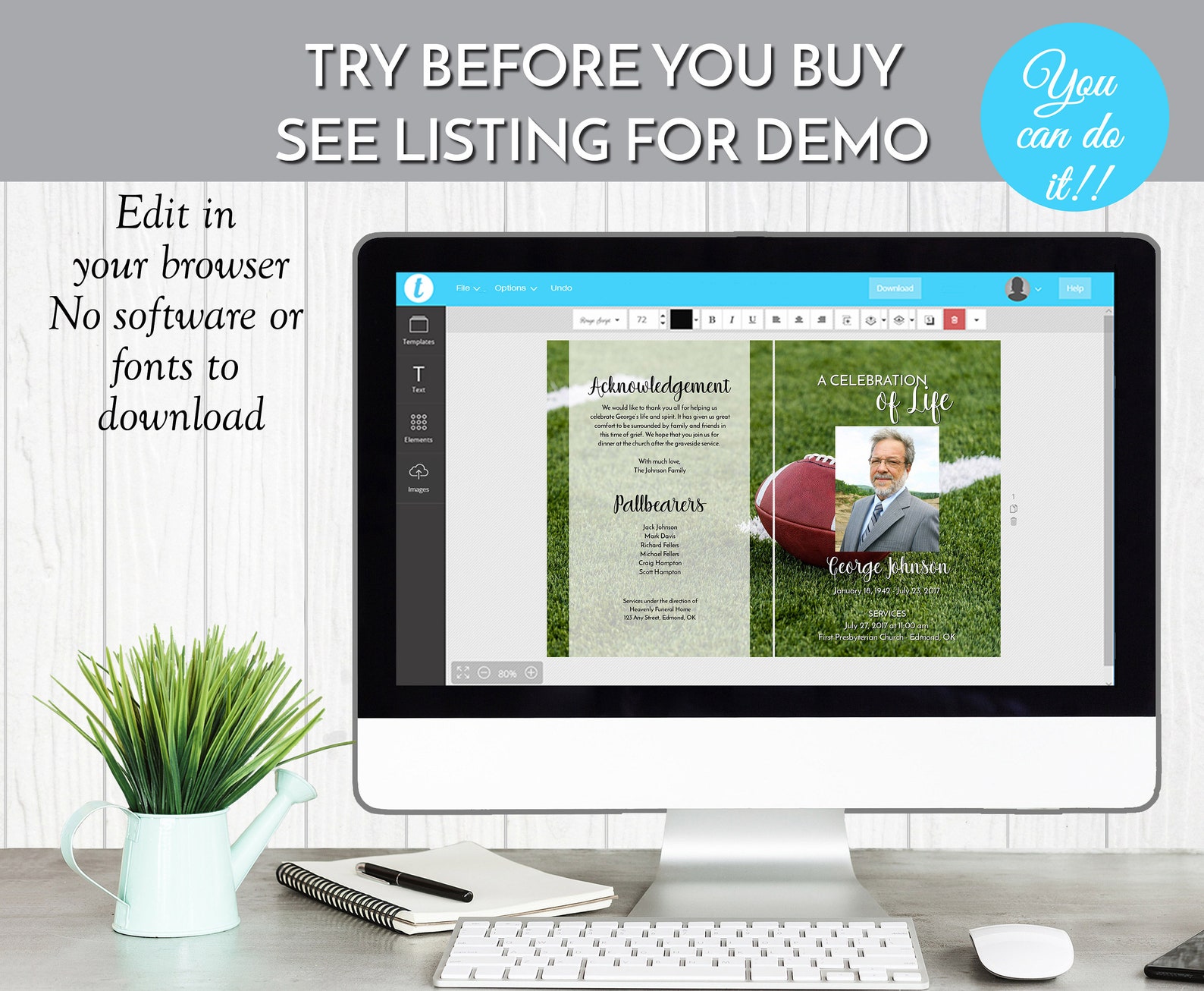 Football Fan Funeral Program Template Obituary/order of - Etsy