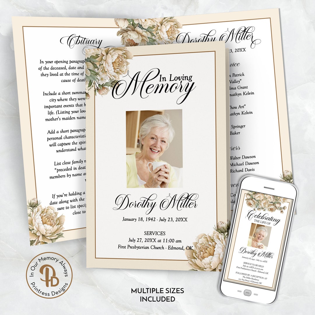 Beige Peonies Funeral Program Template, Celebration of Life Memorial ...