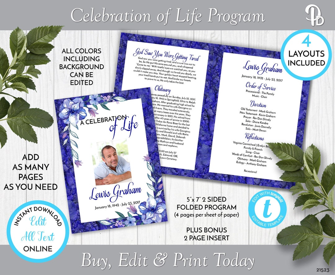 Blue Floral Border Funeral Program Template, Obituary/order of Service ...